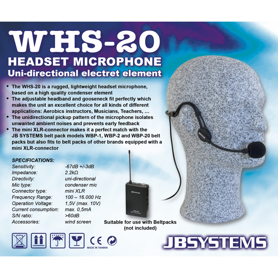Trådløs Mikrofon WHS-20 (belt pack) +WHS-20 headset + WR-10 Modtager